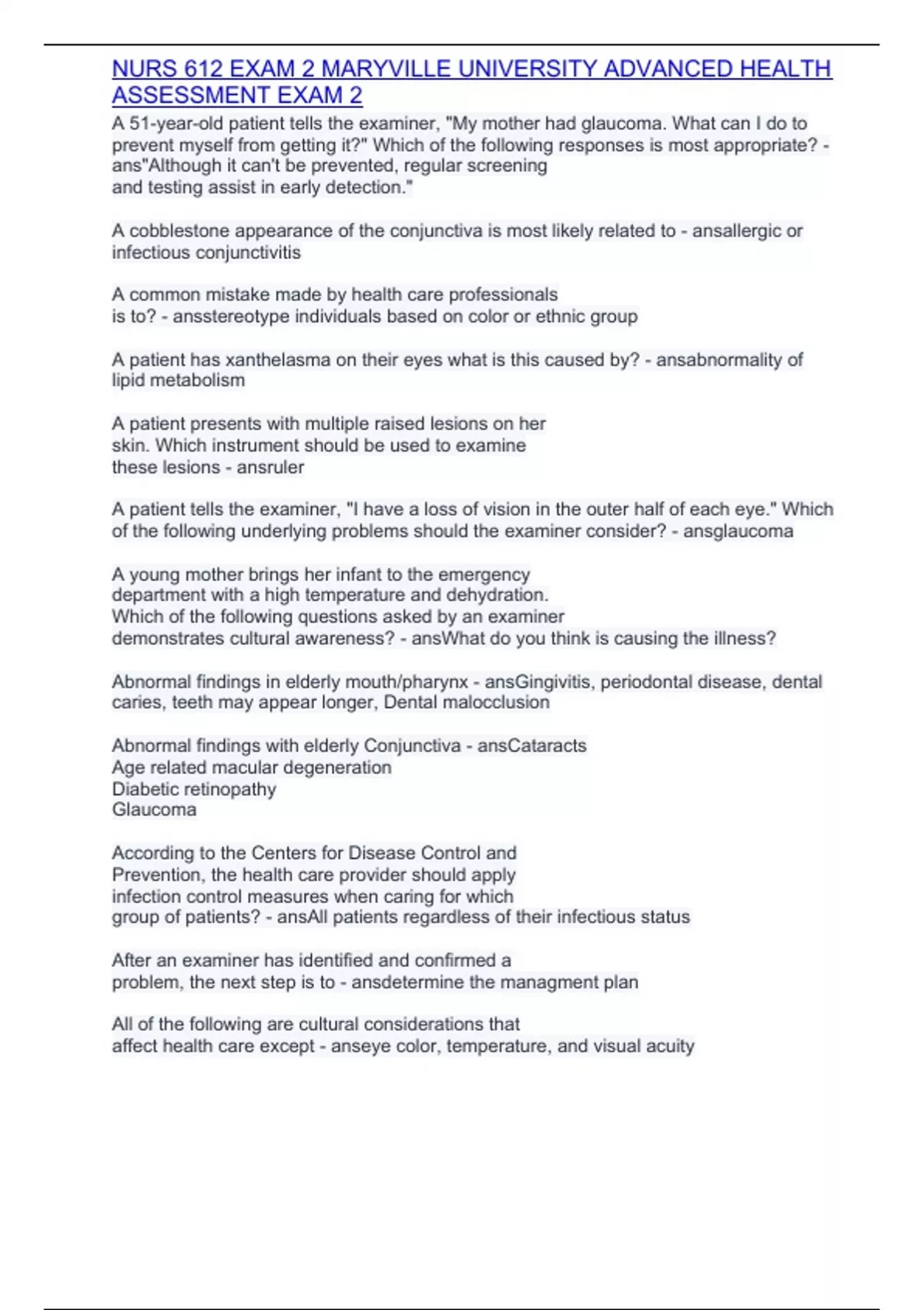 NURS 612 EXAM 2 MARYVILLE UNIVERSITY ADVANCED HEALTH ASSESSMENT EXAM 2 ...