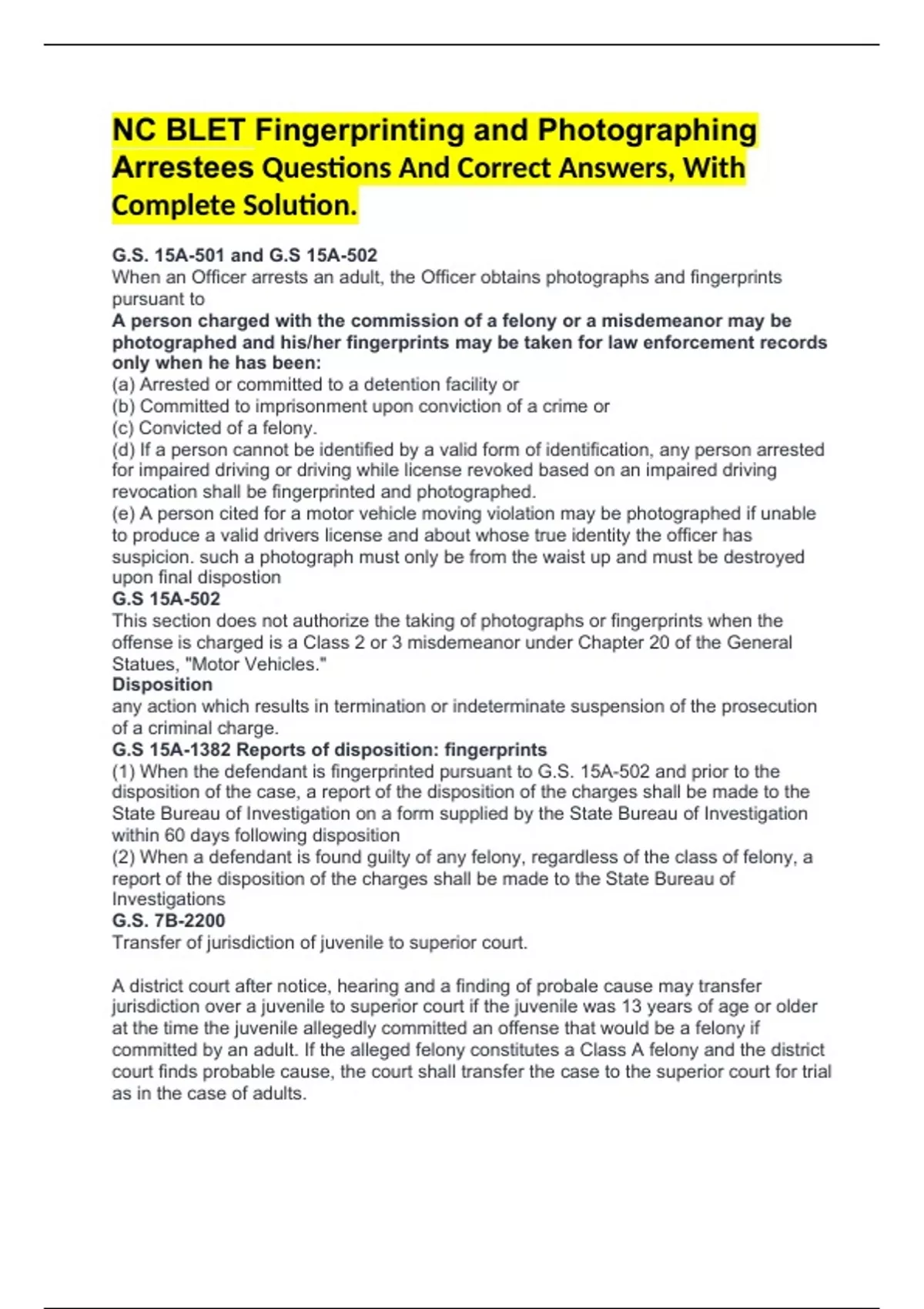 NC BLET Fingerprinting and Photographing Arrestees Questions And ...