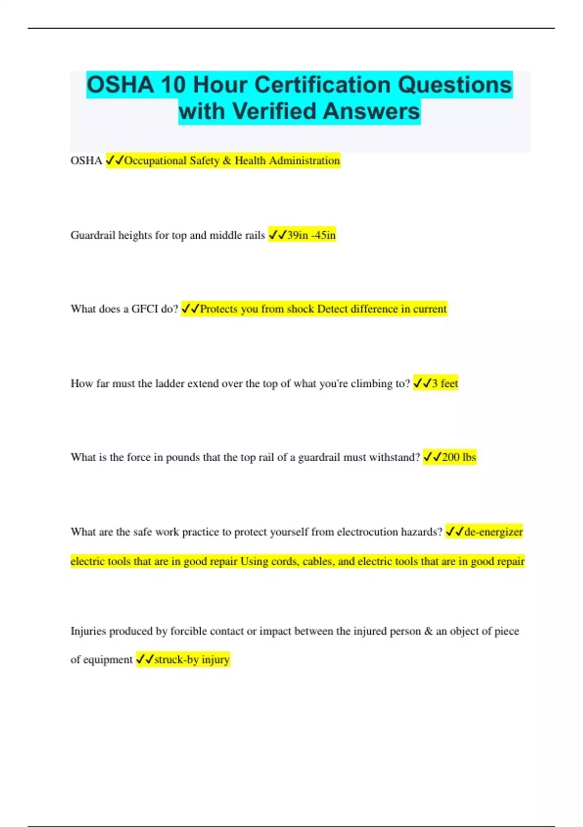 OSHA 10 Hour Certification Questions with Verified Answers - OSHA 10 ...