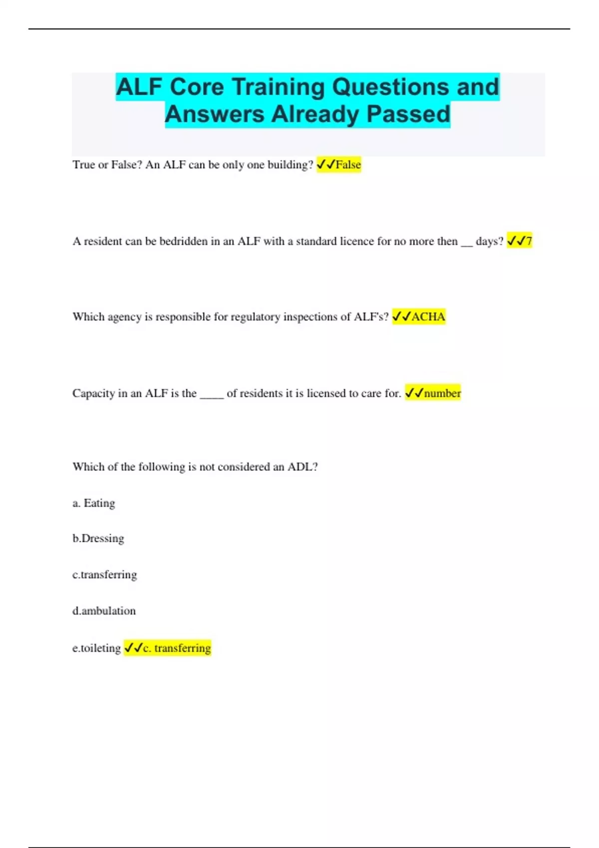ALF Core Training Questions and Answers Already Passed - ALF Core ...