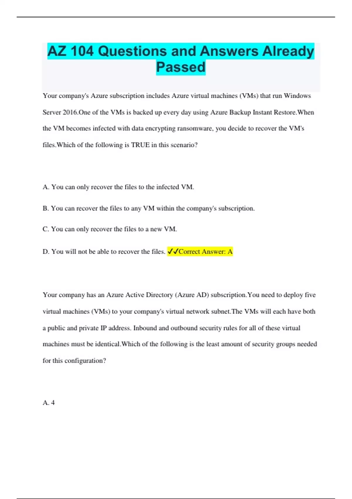 AZ 104 Questions and Answers Already Passed - AZ 104 - Stuvia US