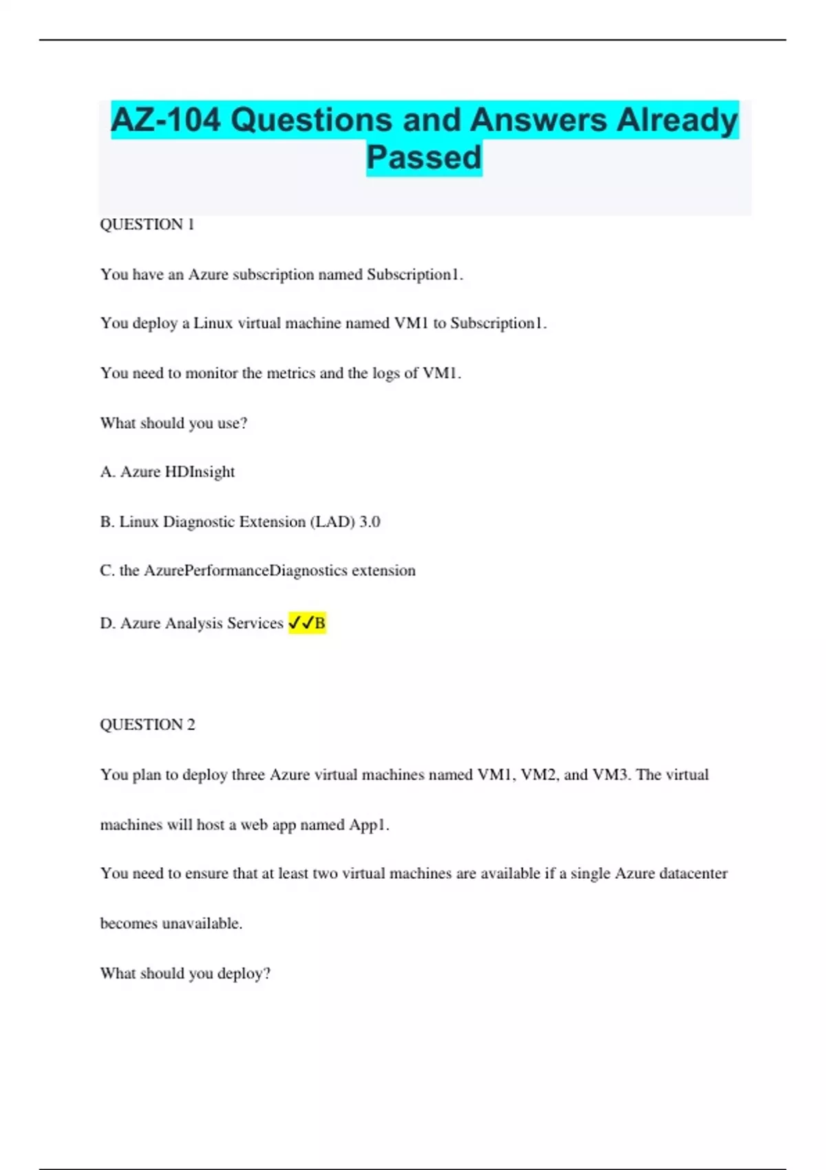 AZ-104 Questions and Answers Already Passed - AZ-104 - Stuvia US