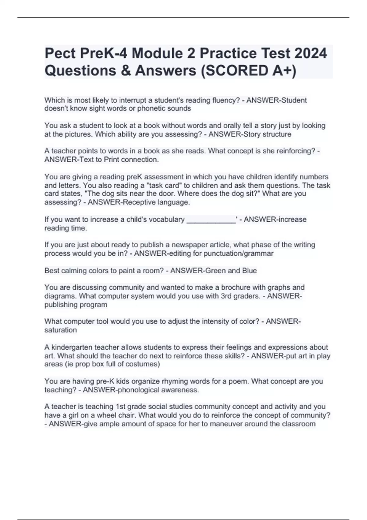 Pect PreK-4 Module 2 Practice Test 2024 Questions & Answers (SCORED A+ ...