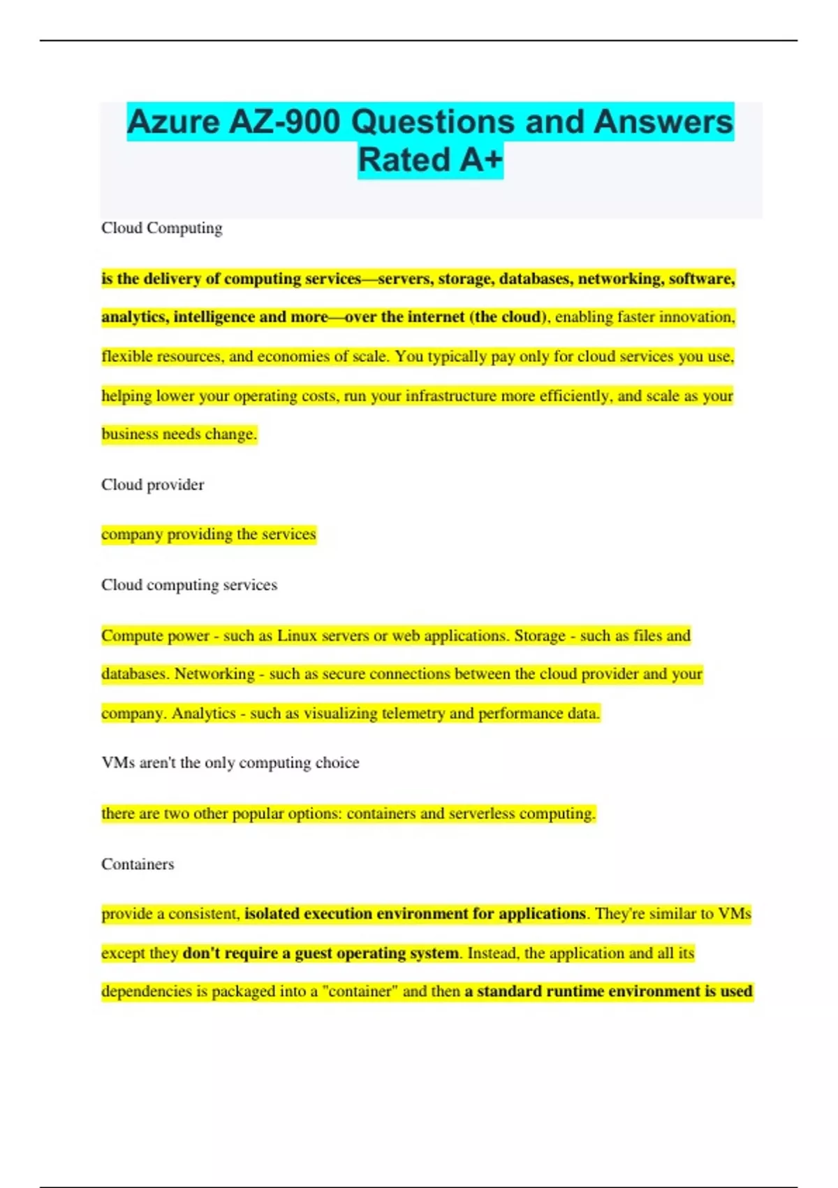 Azure AZ-900 Questions and Answers Rated A+ - AZ 900: - Stuvia US