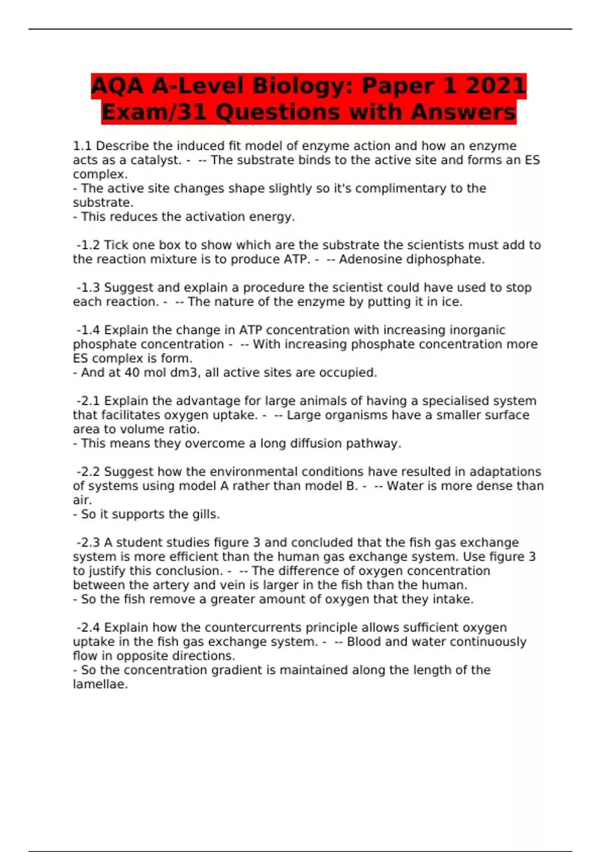 AQA A-Level Biology: Paper 1 2021 Exam/31 Questions with Answers - AQA ...
