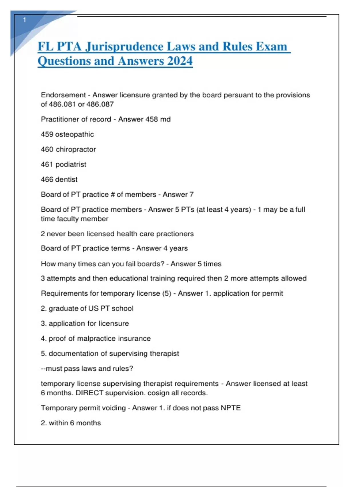 FL PTA Jurisprudence Laws and Rules Exam Questions and Answers 2024 - FL PTA Jurisprudence Laws ...