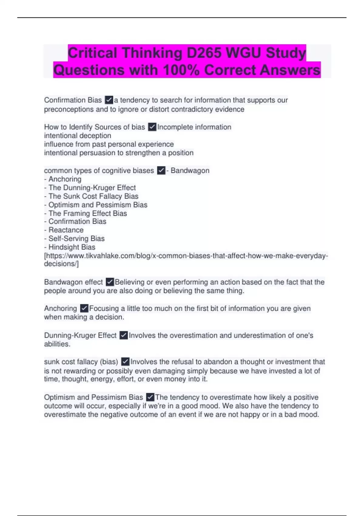 Critical Thinking D265 WGU Study Questions with 100% Correct Answers ...