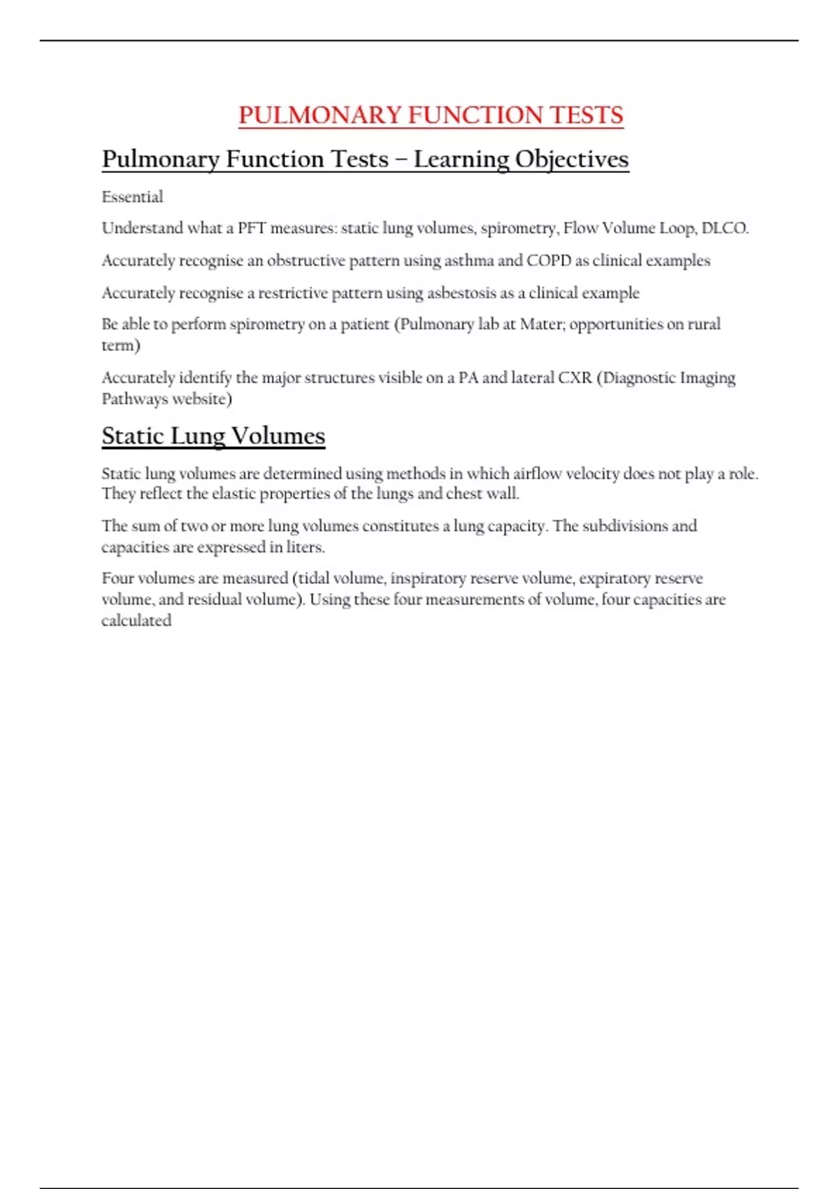 Summary Pulmonary Function Tests Study Notes - Pulmonary Function ...