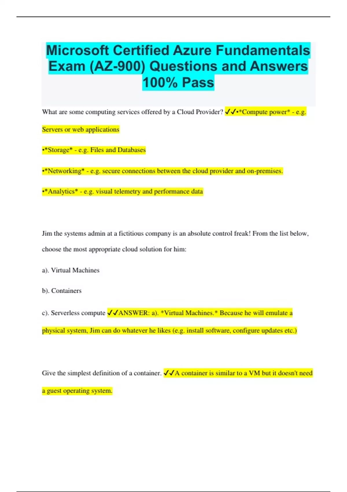 Microsoft Certified Azure Fundamentals Exam (AZ-900) Questions and ...