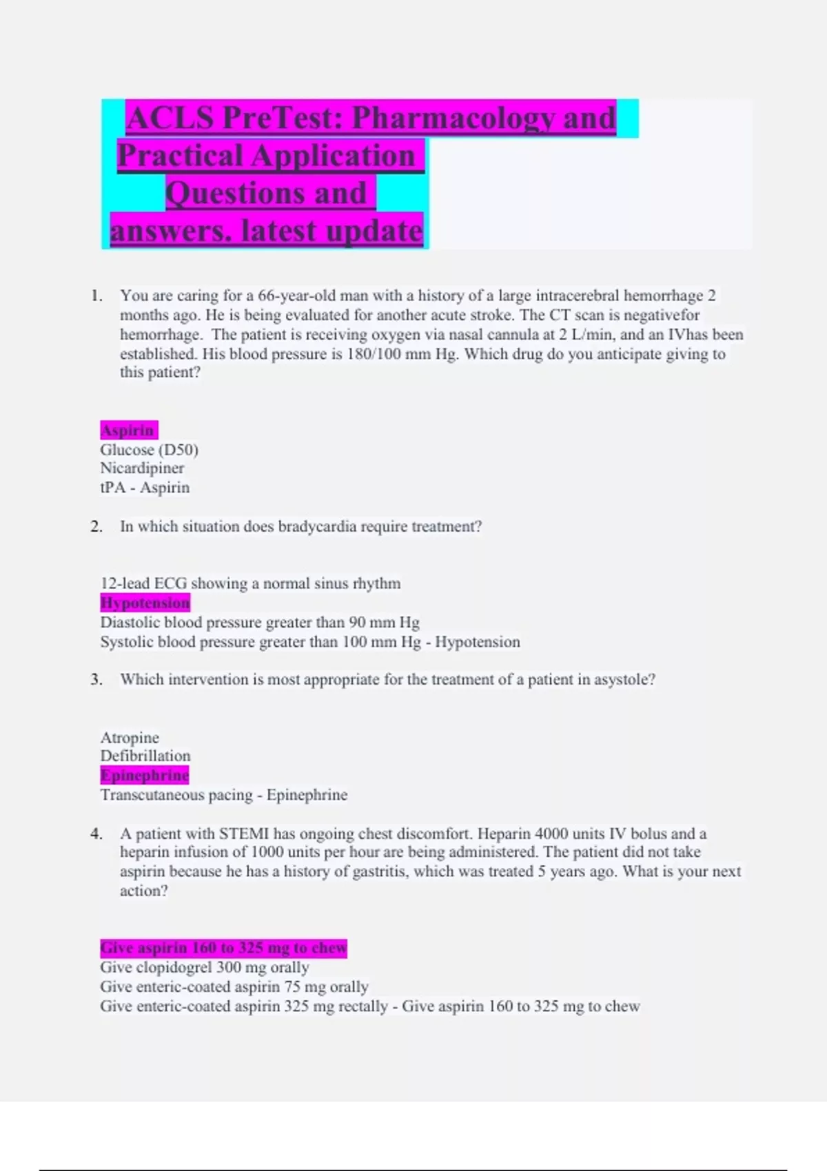 ACLS PreTest Pharmacology And Practical Application Questions And