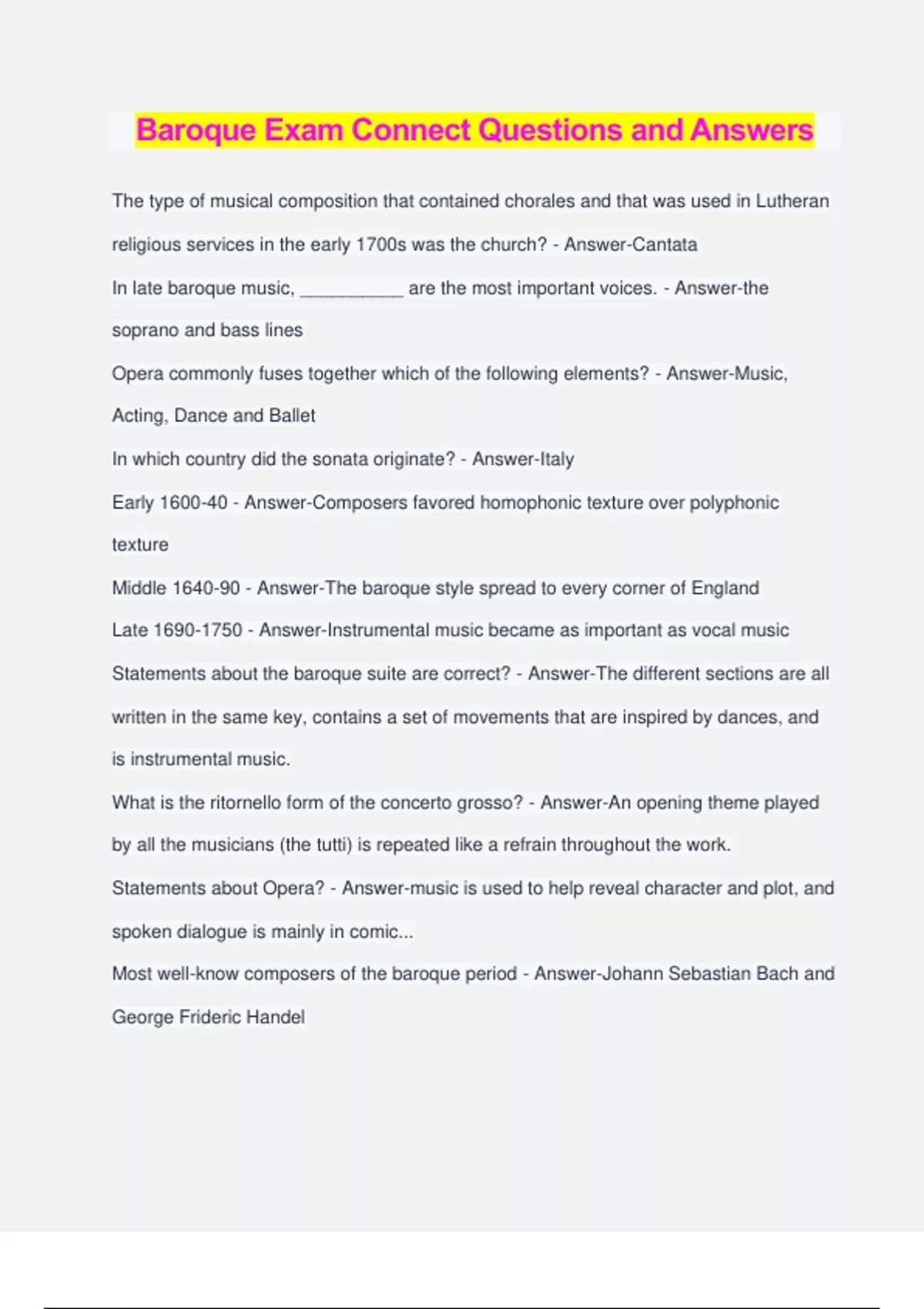 Baroque Exam Connect Questions and Answers - Baroque - Stuvia US