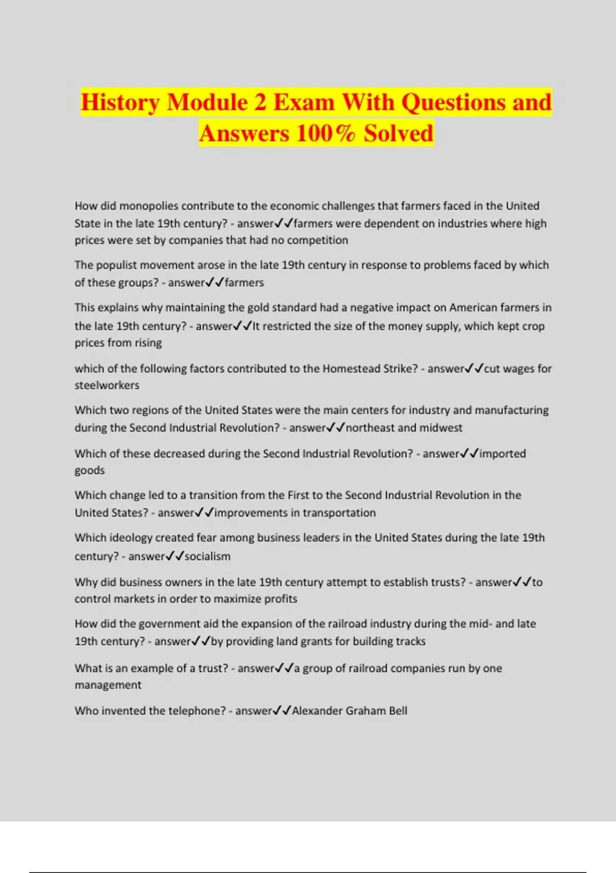 History Module 2 Exam With Questions and Answers 100% Solved - History ...