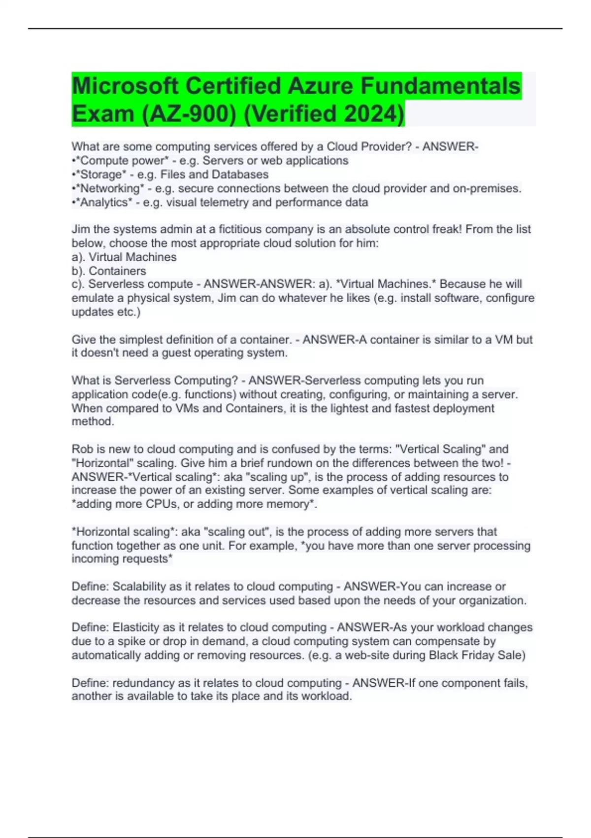 Microsoft Certified Azure Fundamentals Exam (AZ-900) (Verified 2024 ...
