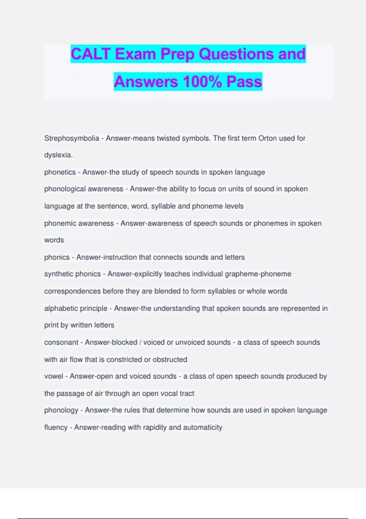 CALT Exam Prep Questions and Answers 100% Pass - CALT - Stuvia US