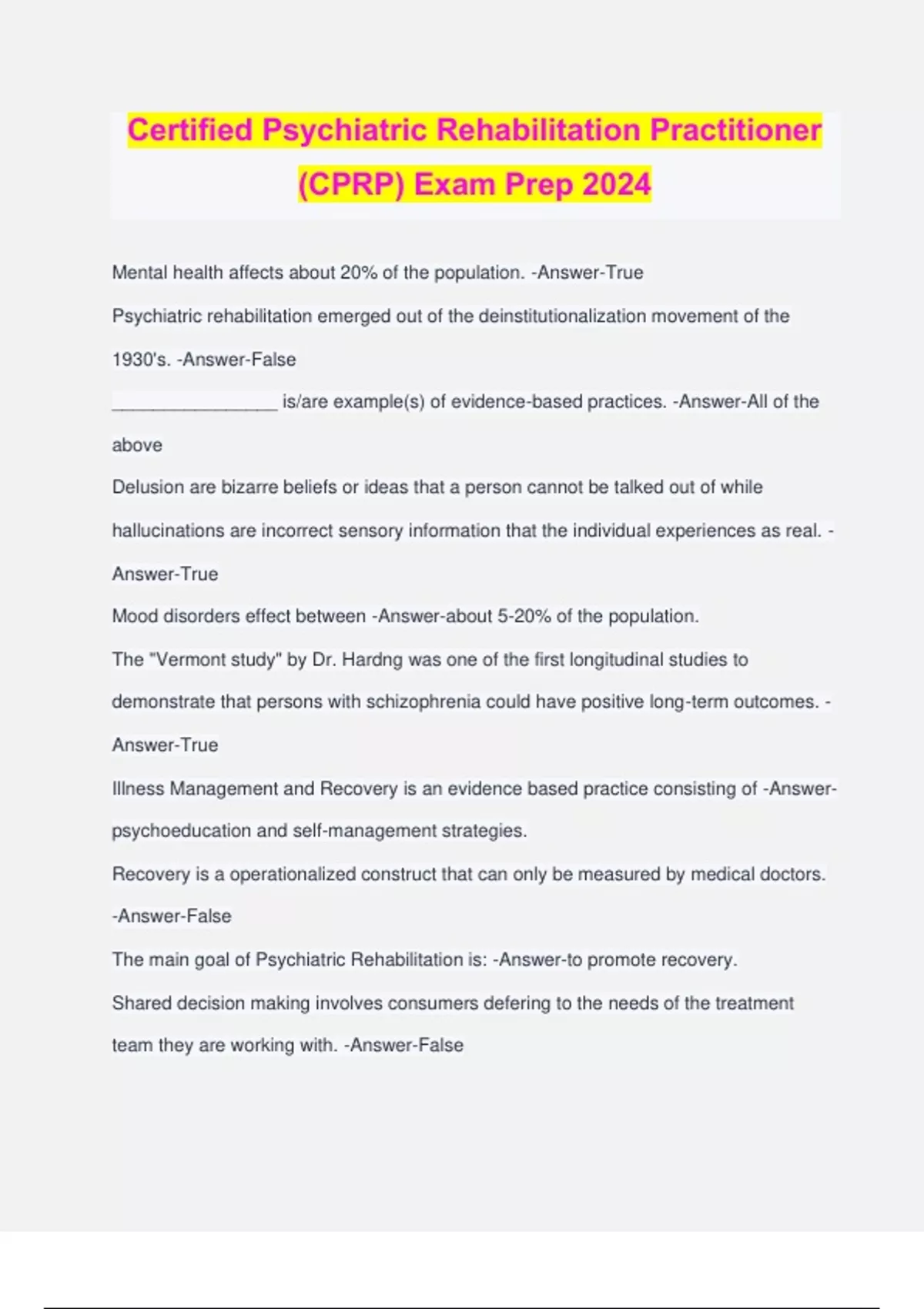 Certified Psychiatric Rehabilitation Practitioner (CPRP) Exam Prep 2024 ...