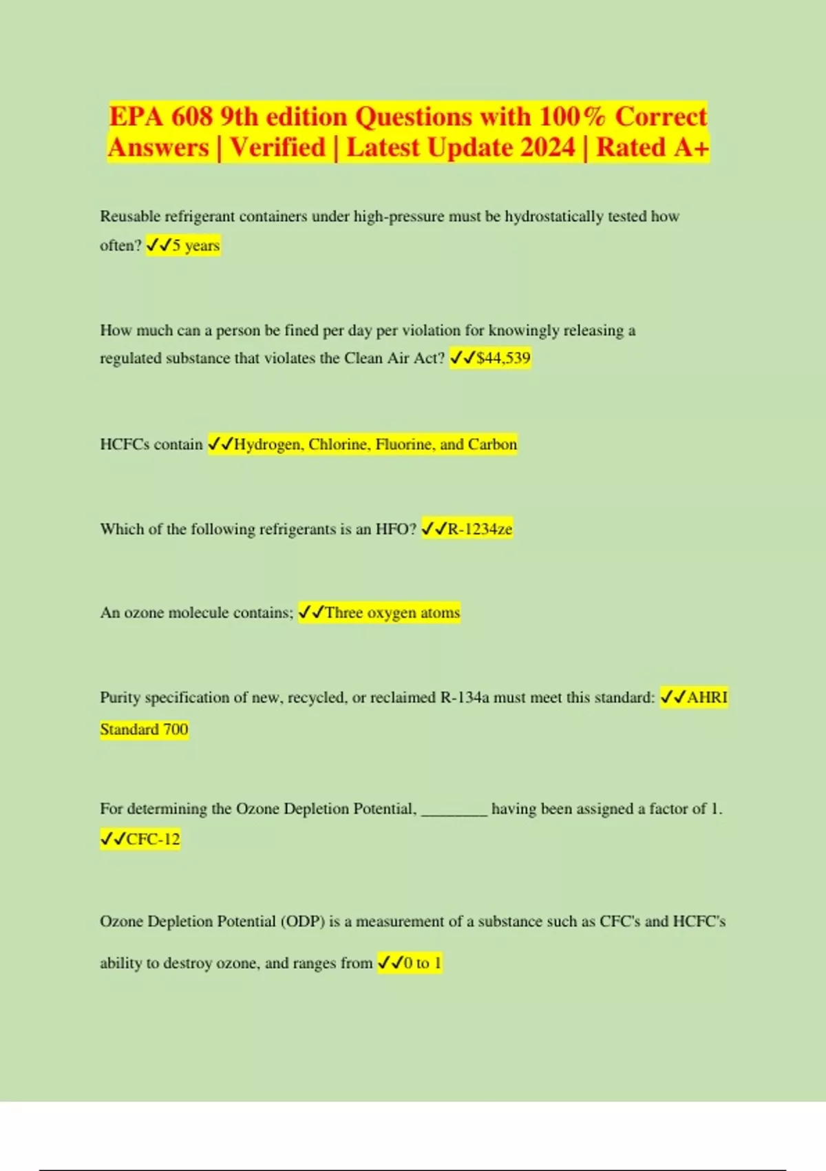 EPA 608 9th edition Questions with 100% Correct Answers | Verified ...