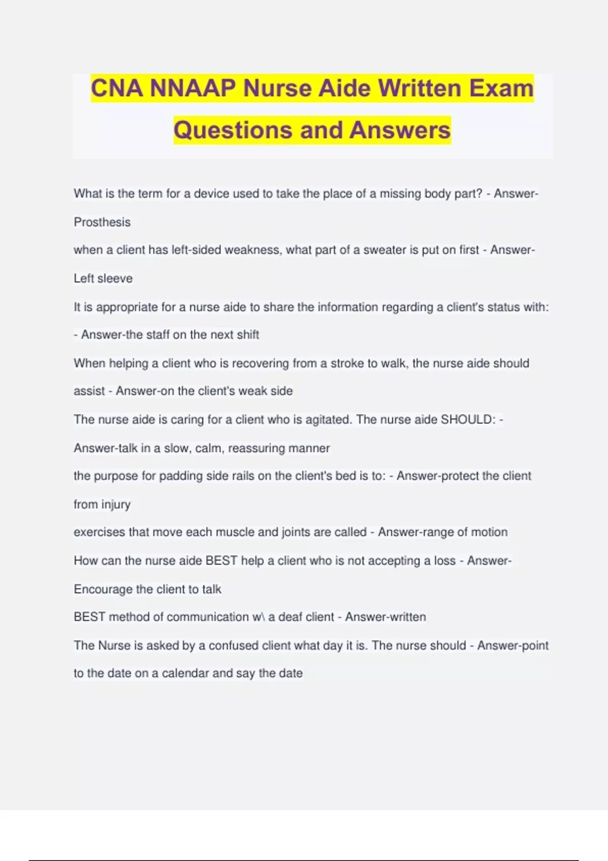 CNA NNAAP Nurse Aide Written Exam Questions and Answers - CNA NNAAP ...