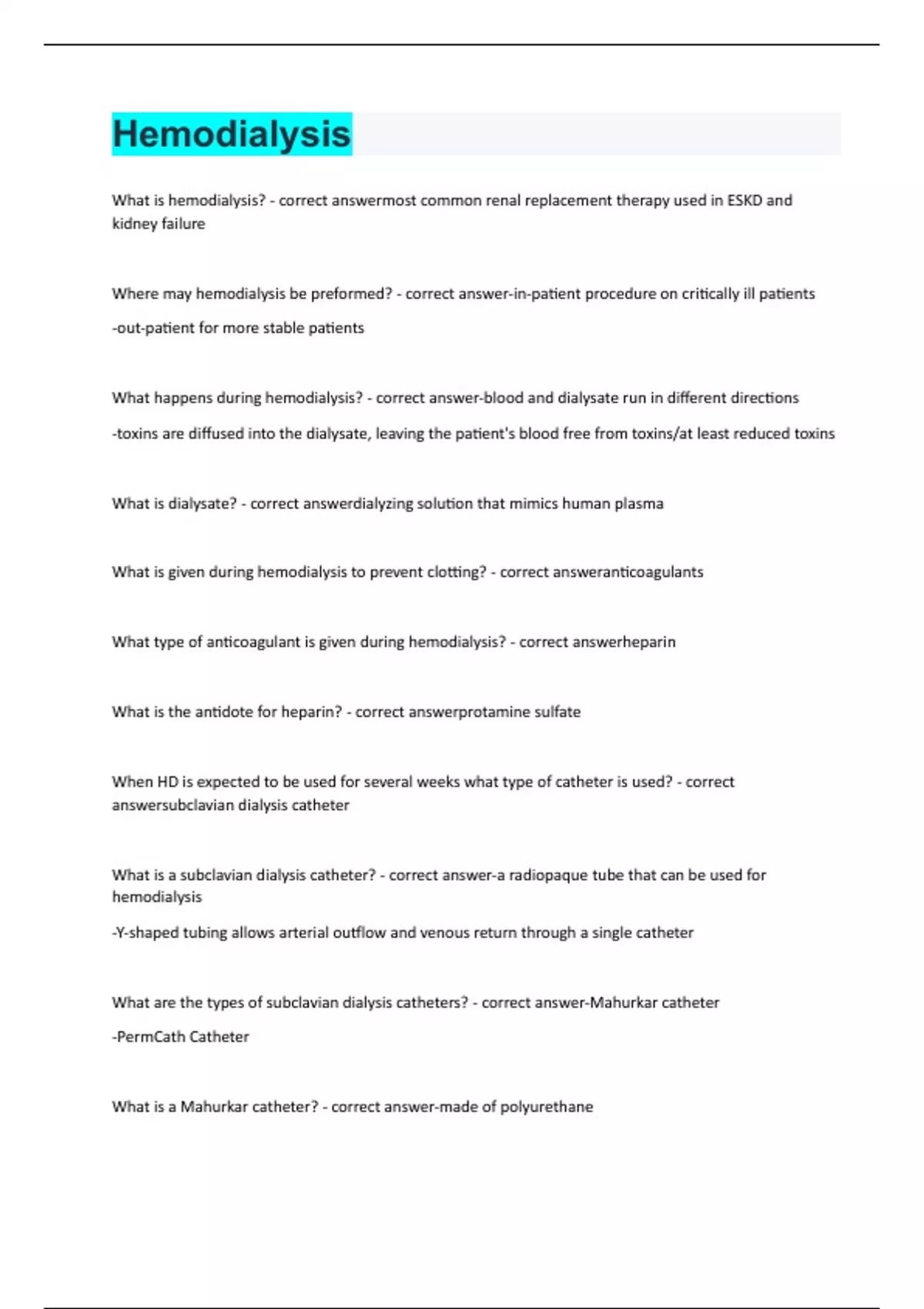 Hemodialysis Question and answers latest update - Dialysis - Stuvia US