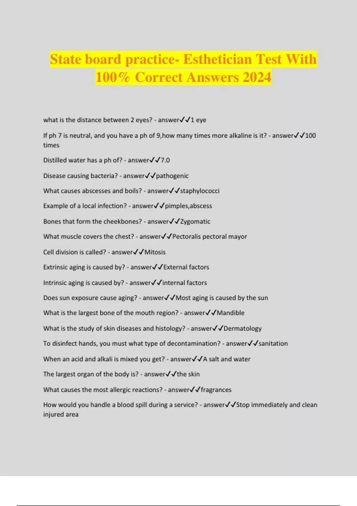 State board practice- Esthetician Test With 100% Correct Answers 2024 ...