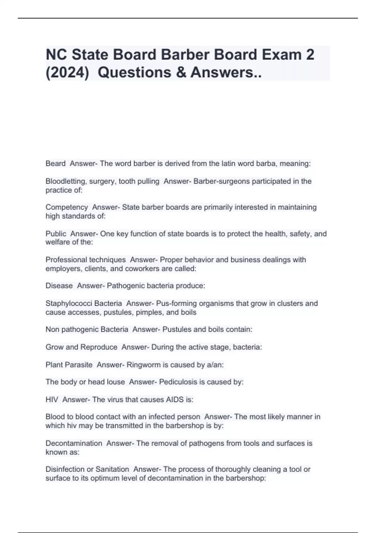 NC State Board Barber Board Exam 2 (2024) Questions & Answers.. - NC ...