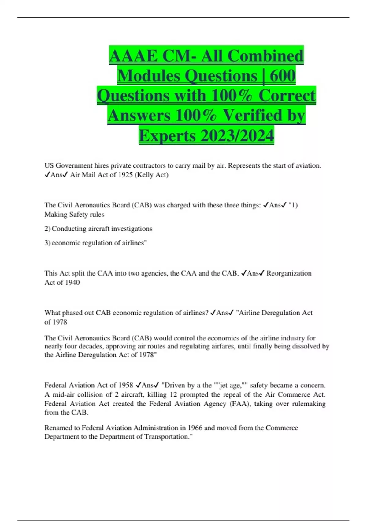 AAAE CM- All Combined Modules Questions | 600 Questions with 100% ...