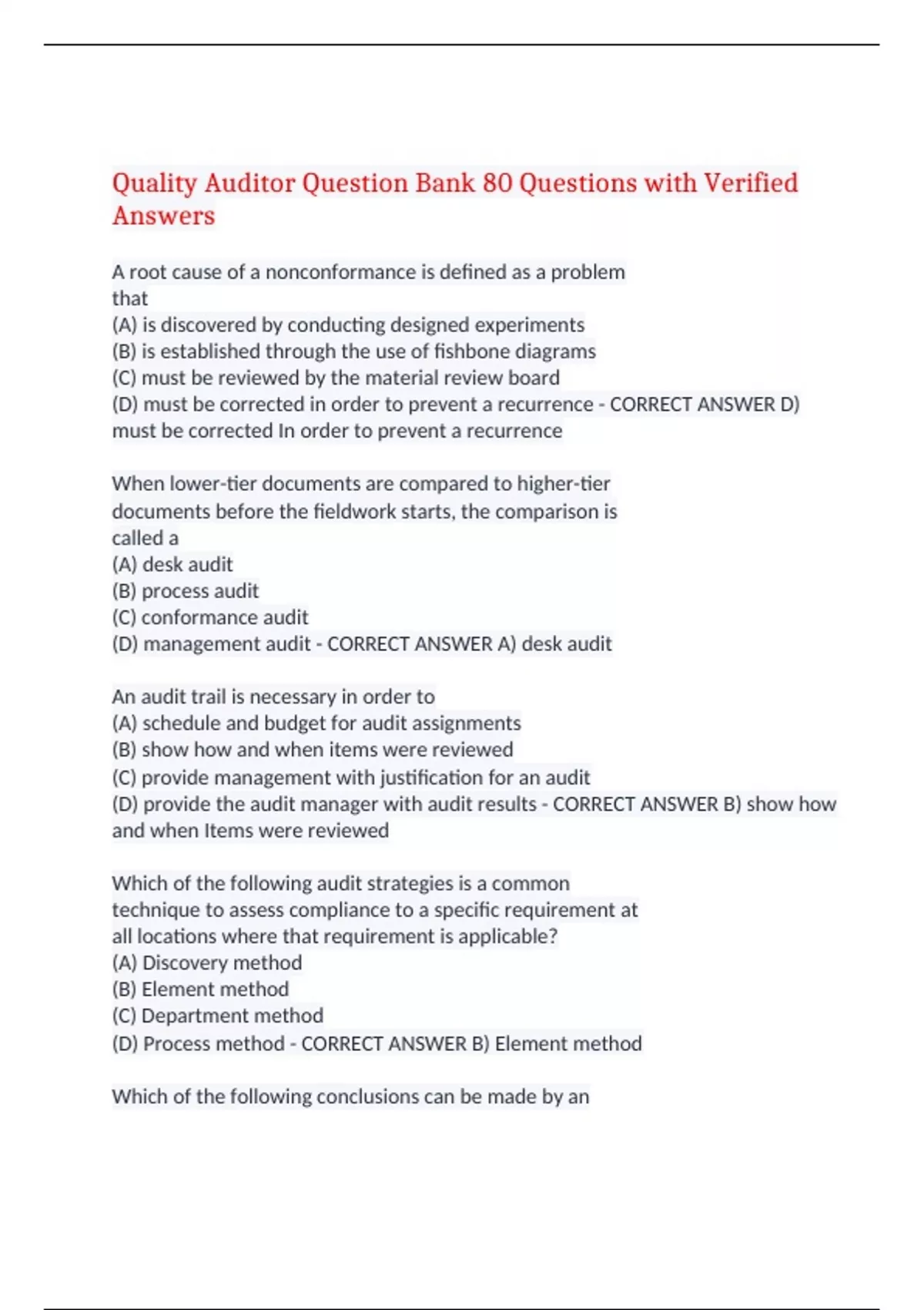 Quality Auditor Question Bank 80 Questions with Verified Answers,100% CORRECT - Quality Auditor ...