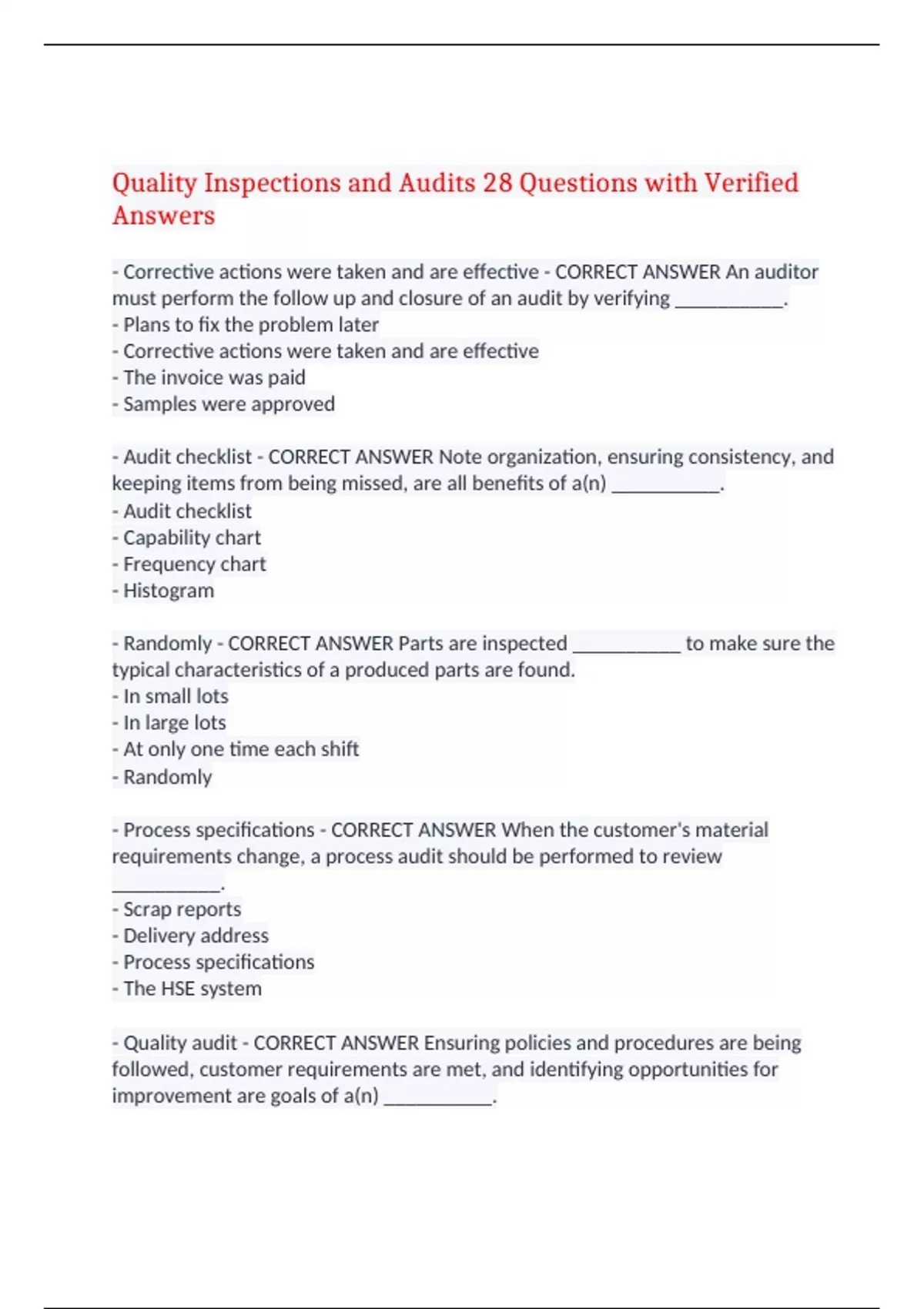 Quality Inspections and Audits 28 Questions with Verified Answers,100% ...