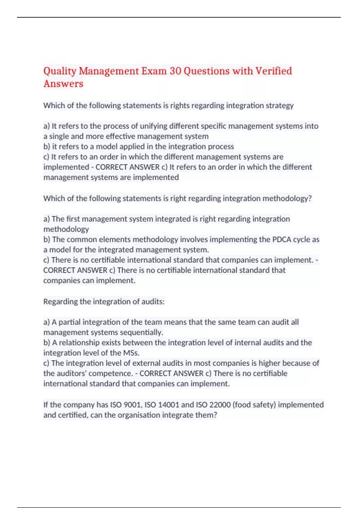 Quality Management Exam 30 Questions with Verified Answers,100% CORRECT - Quality Management ...