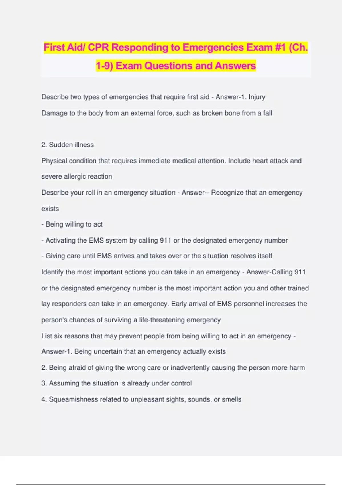 First Aid/ CPR Responding to Emergencies Exam #1 (Ch. 1-9) Exam ...