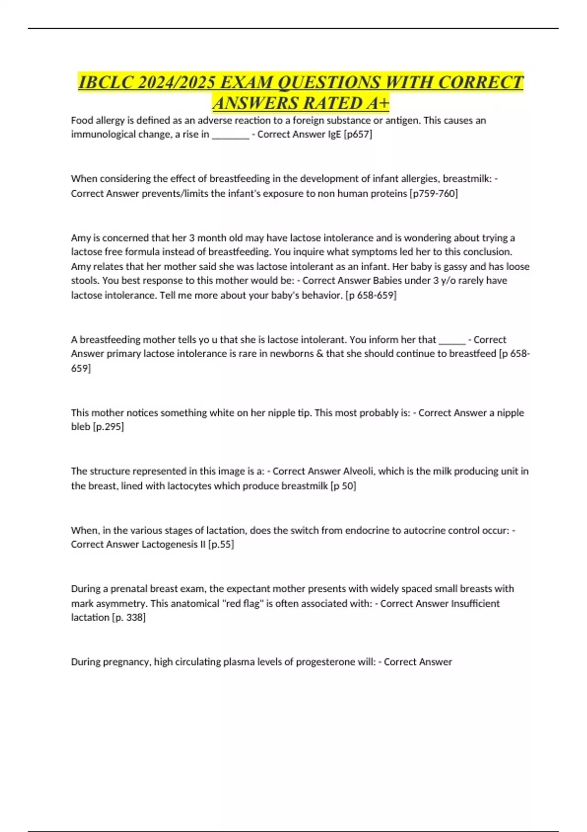 IBCLC 2024/2025 EXAM QUESTIONS WITH CORRECT ANSWERS RATED A+ - IBCLC ...