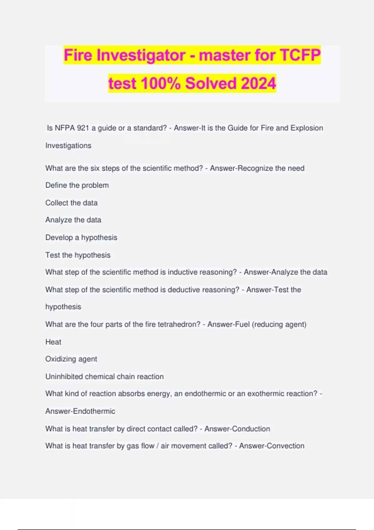 Fire Investigator - master for TCFP test 100% Solved 2024 - TCFP ...