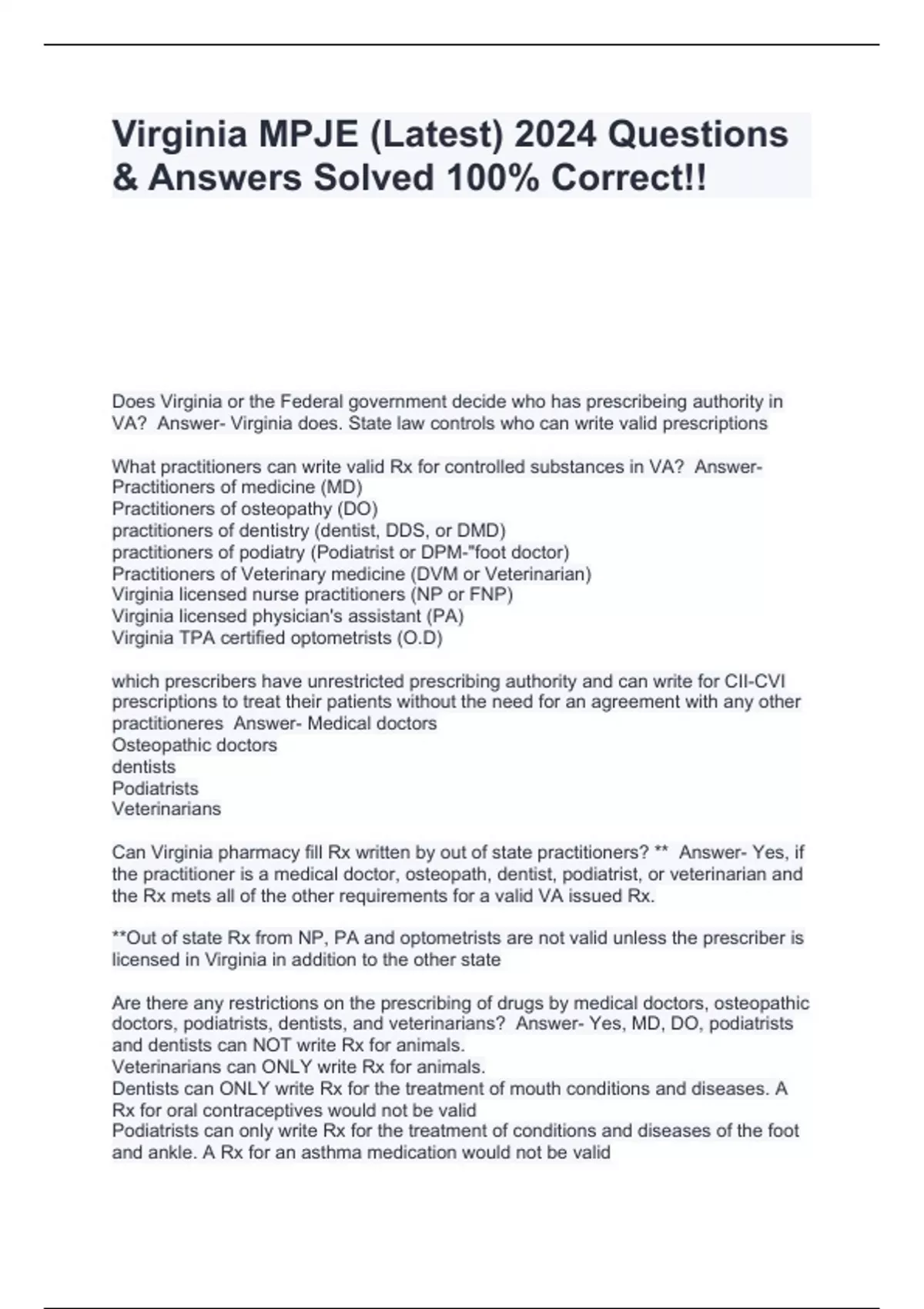 Virginia MPJE (Latest) 2024 Questions & Answers Solved 100% Correct ...