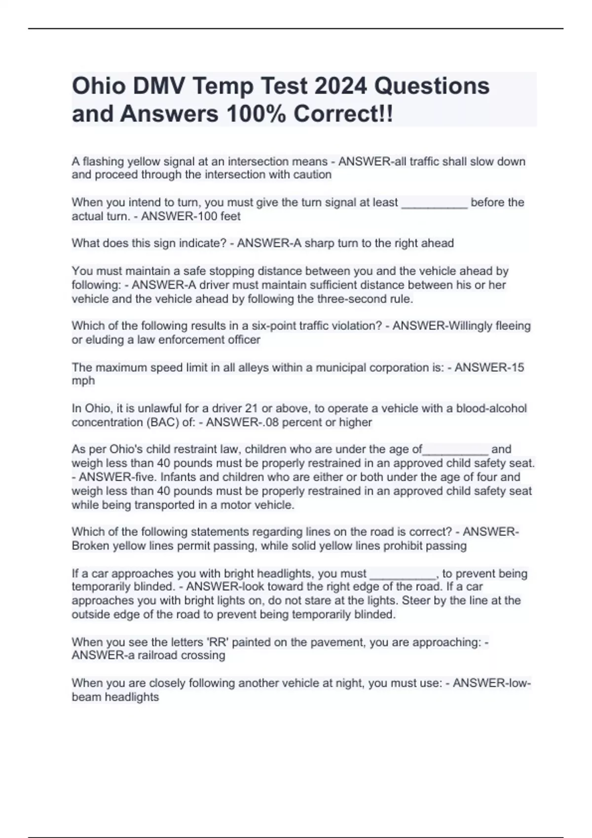 Ohio DMV Temp Test 2024 Questions and Answers 100% Correct!! - Ohio DMV ...