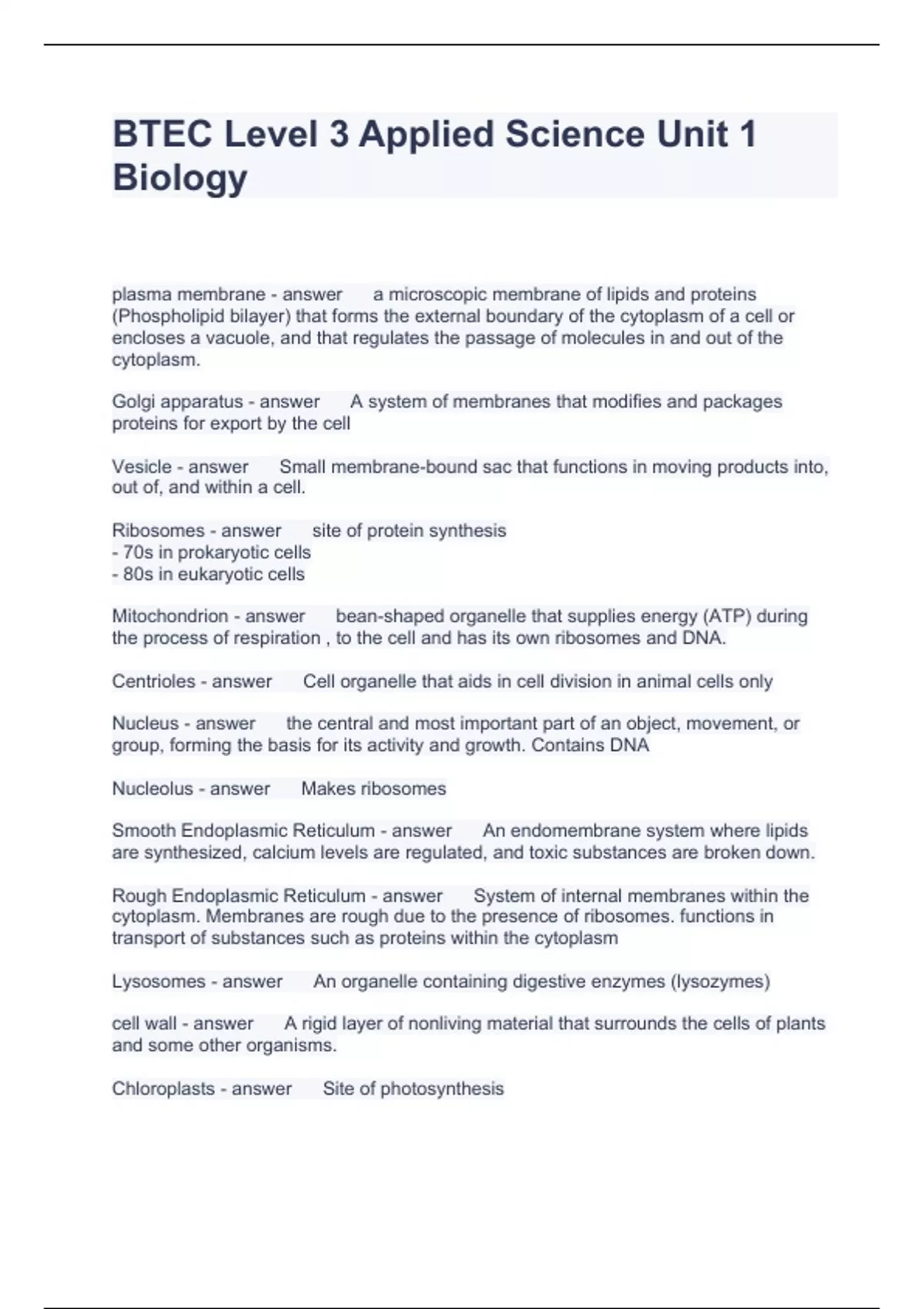 Btec Level 3 Applied Science Unit 1 Biology Questions And Answers 2024 Btec Stuvia Us