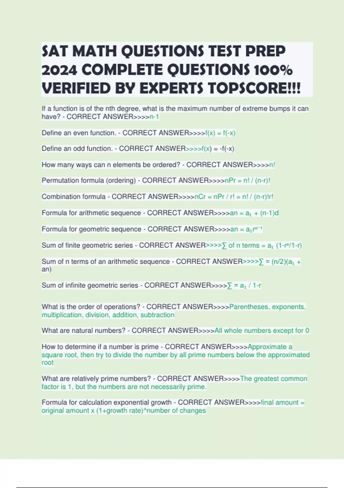 SAT MATH QUESTIONS TEST PREP 2024 COMPLETE QUESTIONS 100% VERIFIED BY ...