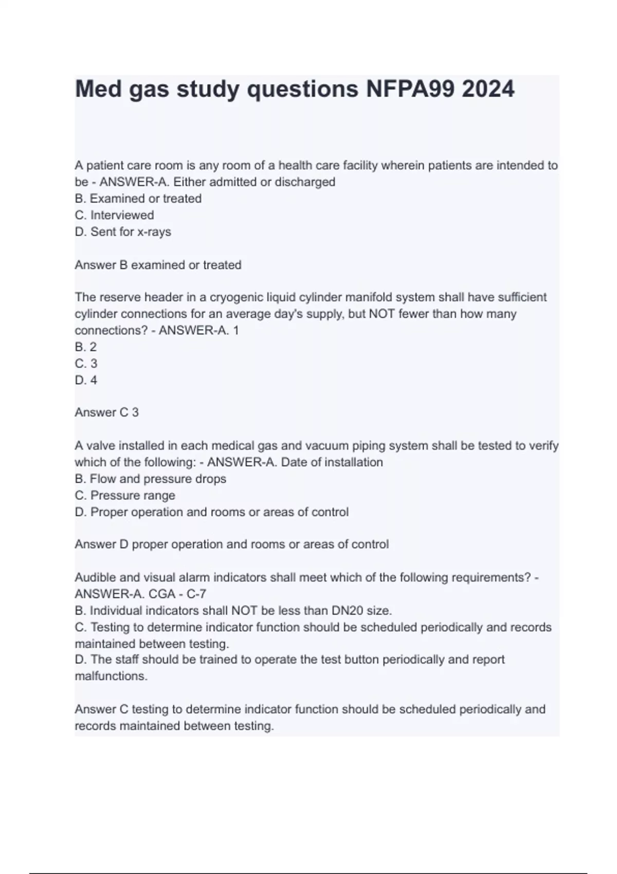 NFPA99 2024 Med gas study questions and answers - Med gas study ...