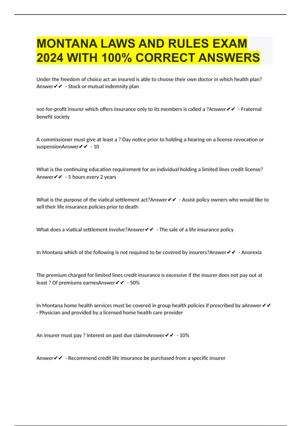MONTANA LAWS AND RULES EXAM 2024 WITH 100% CORRECT ANSWERS - MONTANA LAWS AND RULES - Stuvia US