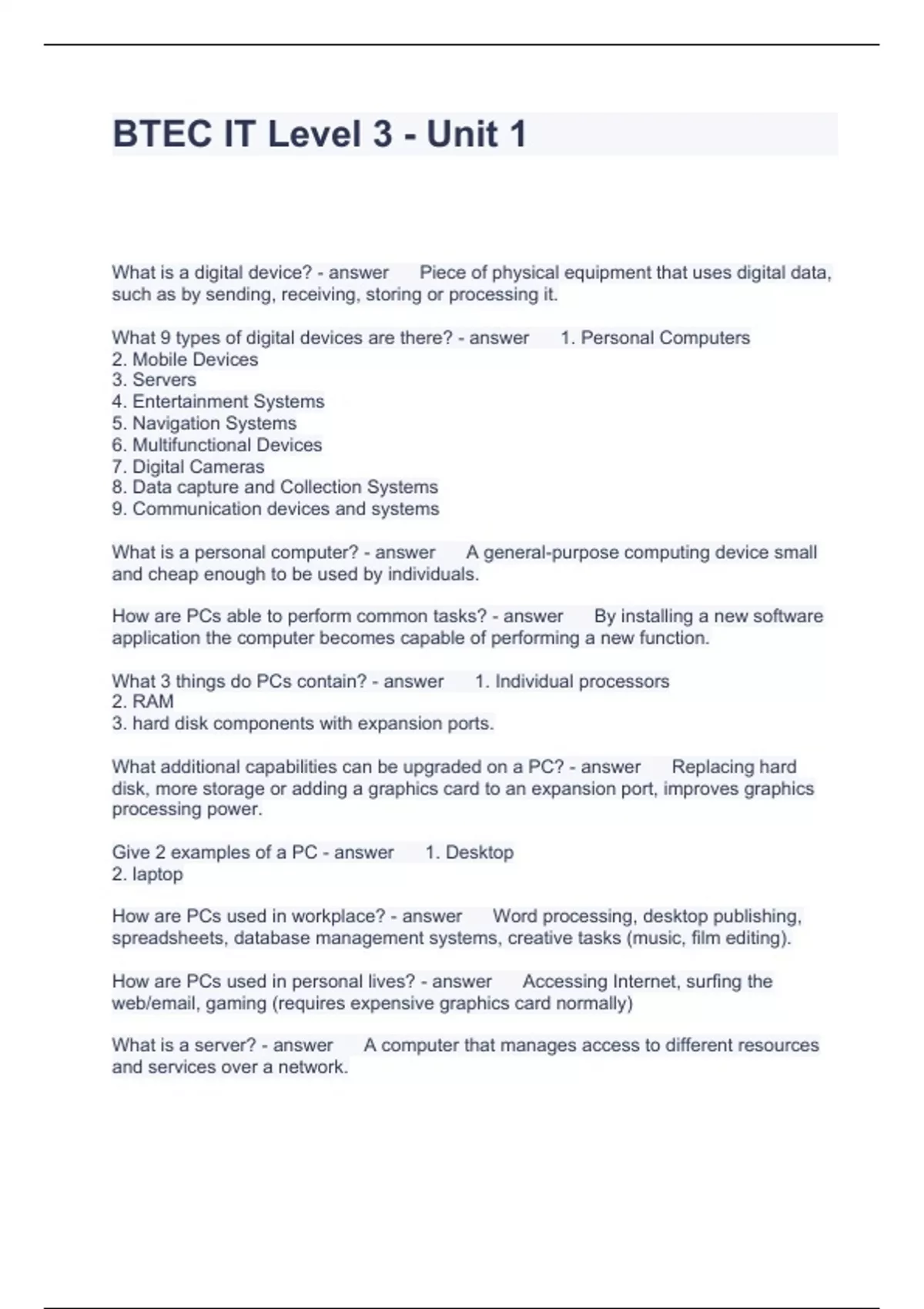 BTEC IT Level 3 - Unit 1 Questions and Answers 2024 - BTEC - Stuvia US