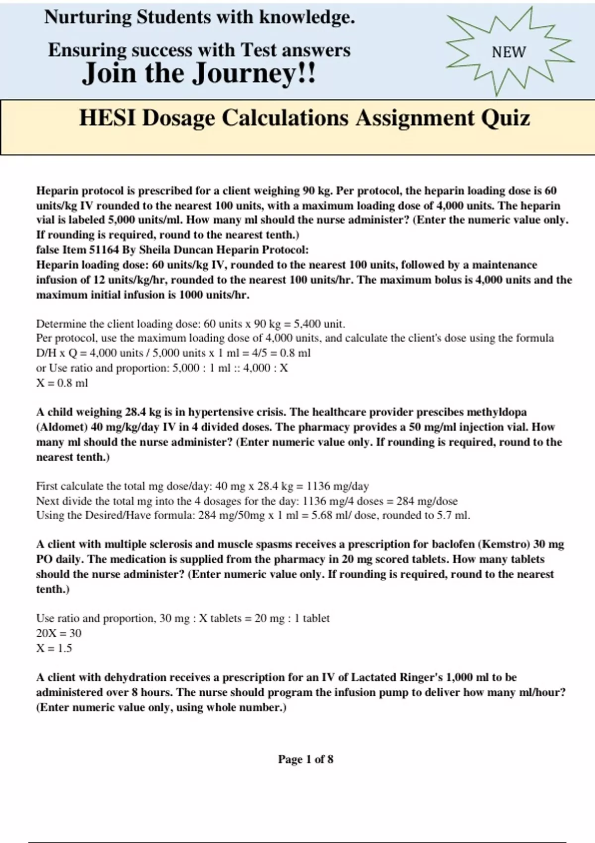HESI Dosage Calculations Assignment Quiz Questions & Answers ...