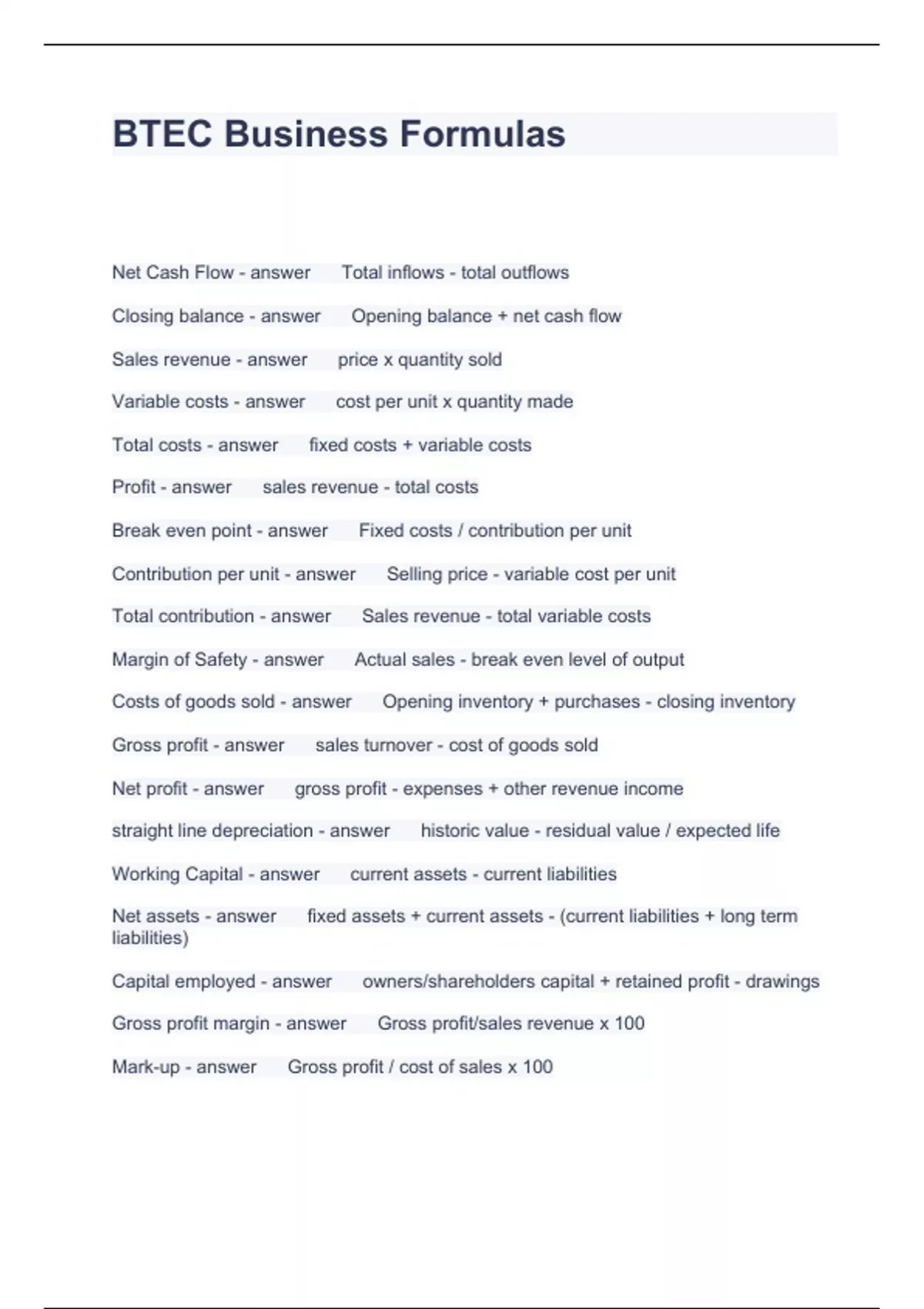 BTEC Business Formulas Questions with correct Answers 2024 - BTEC ...