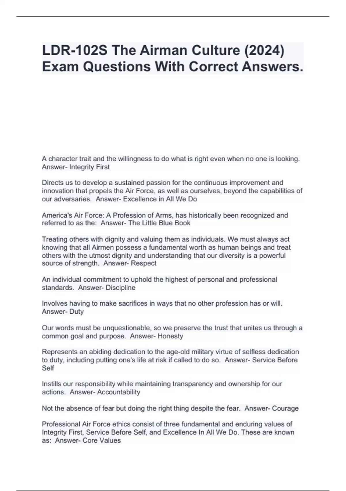 LDR-102S The Airman Culture (2024) Exam Questions With Correct Answers ...