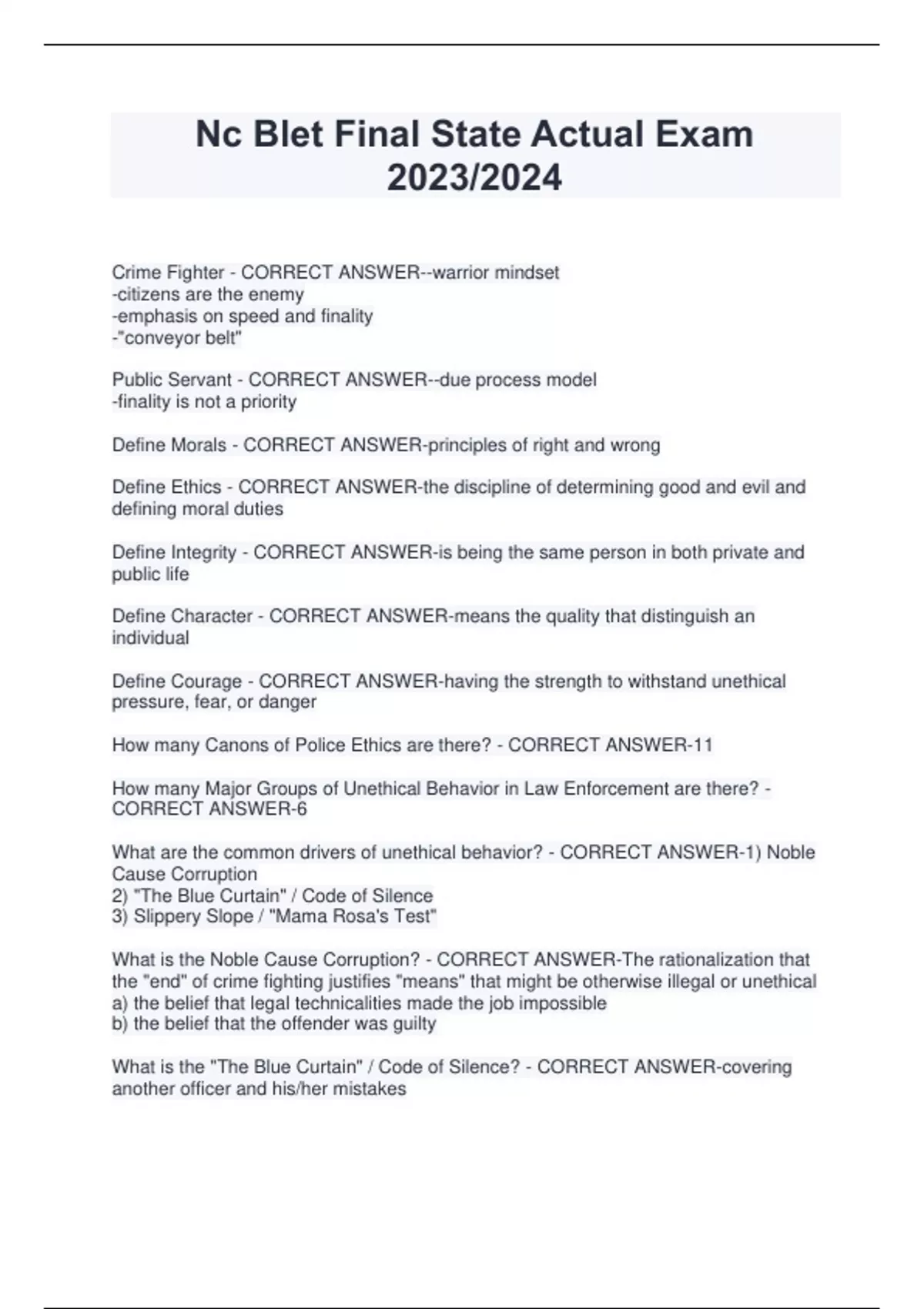 Nc Blet Final State Actual Exam 2023/2024 - Nc blet - Stuvia US