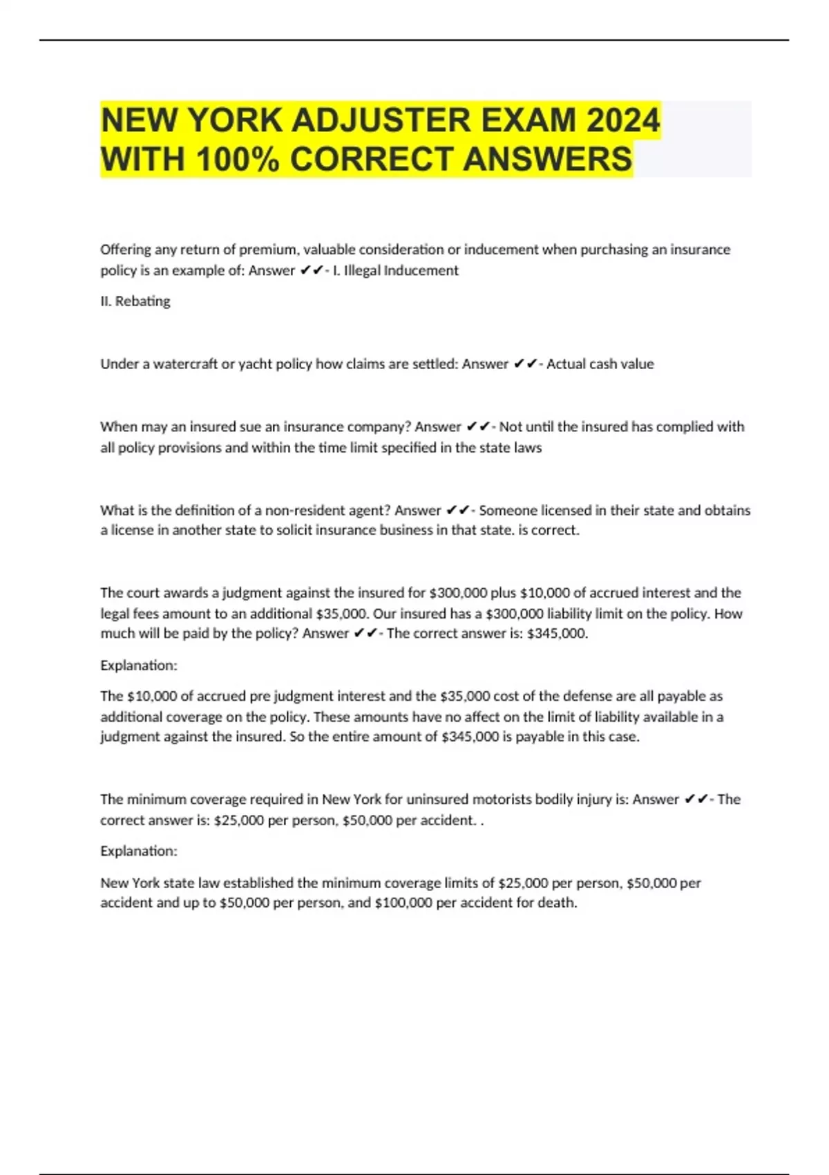 NEW YORK ADJUSTER EXAM 2024 WITH 100% CORRECT ANSWERS - NEW YORK ADJUST ...