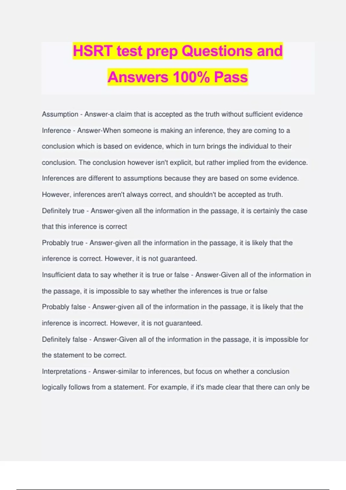 HSRT test prep Questions and Answers 100% Pass - HSRT - Stuvia US