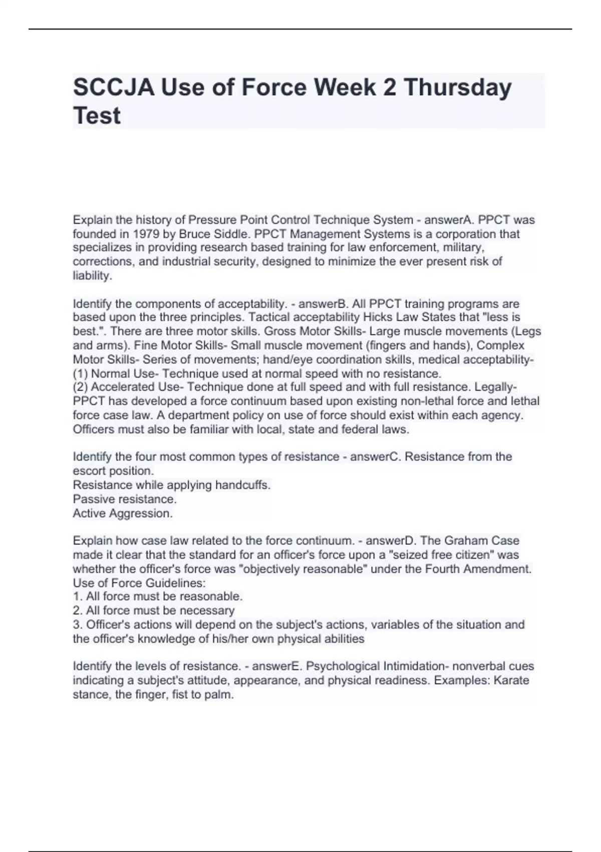 SCCJA Use of Force Week 2 Thursday Test Questions with correct Answers ...