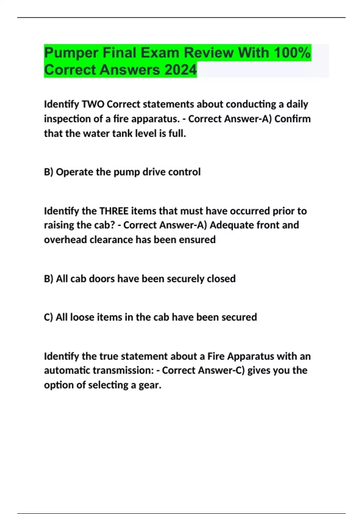 Pumper Final Exam Review With 100% Correct Answers 2024 - Pumper - Stuvia US