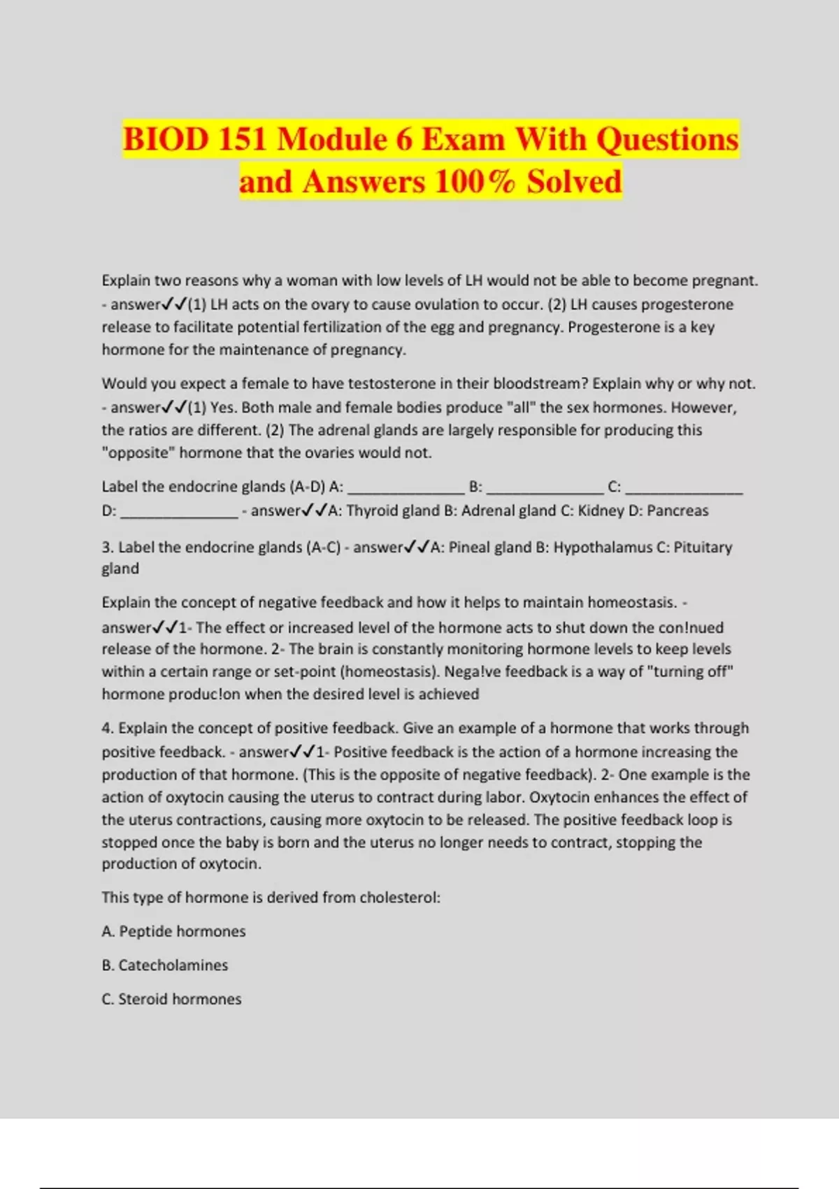 BIOD 151 Module 6 Exam With Questions and Answers 100% Solved - BIOD 151 - Stuvia US