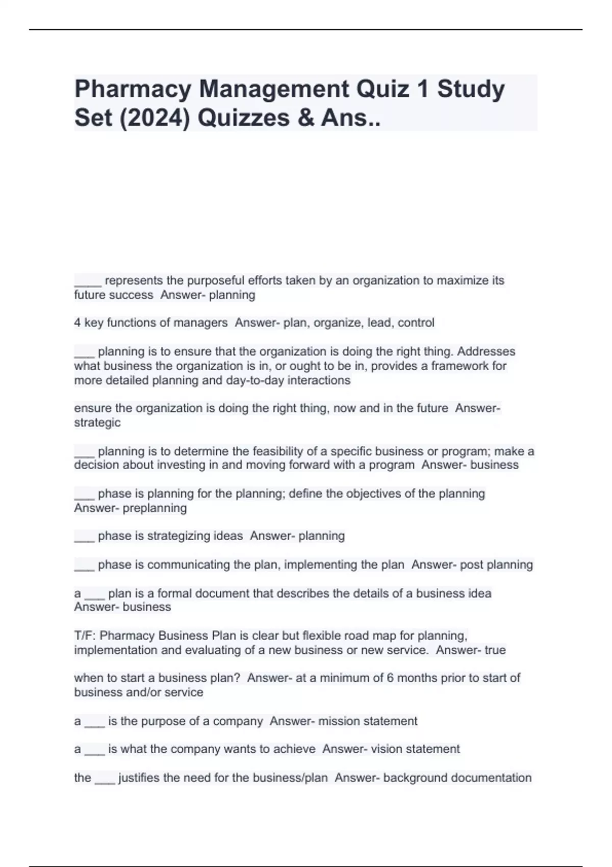 Pharmacy Management Quiz 1 Study Set (2024) Quizzes & Ans.. - Pharmacy Management - Stuvia US