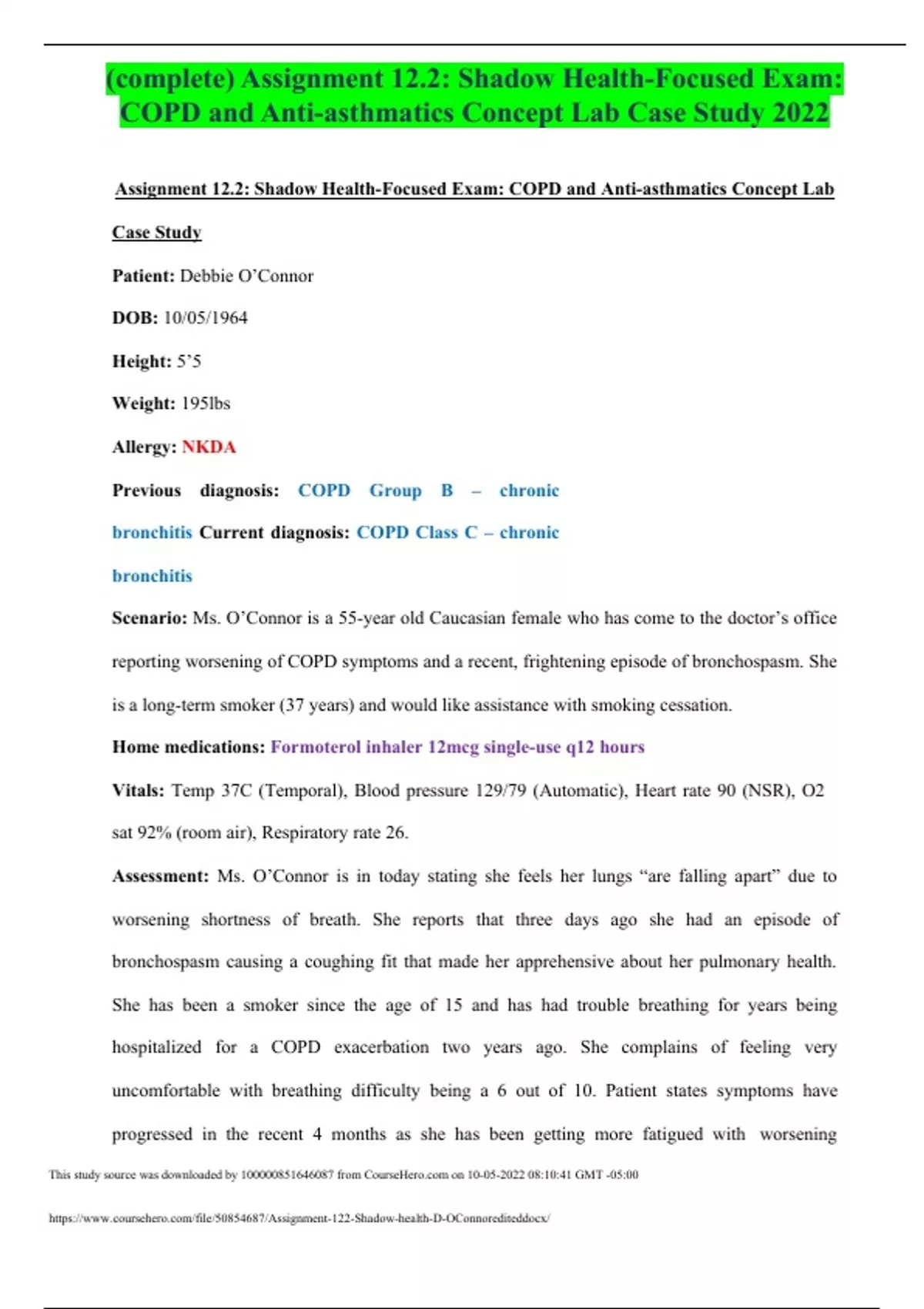 (complete) Assignment 12.2: Shadow Health-Focused Exam: COPD and Anti ...