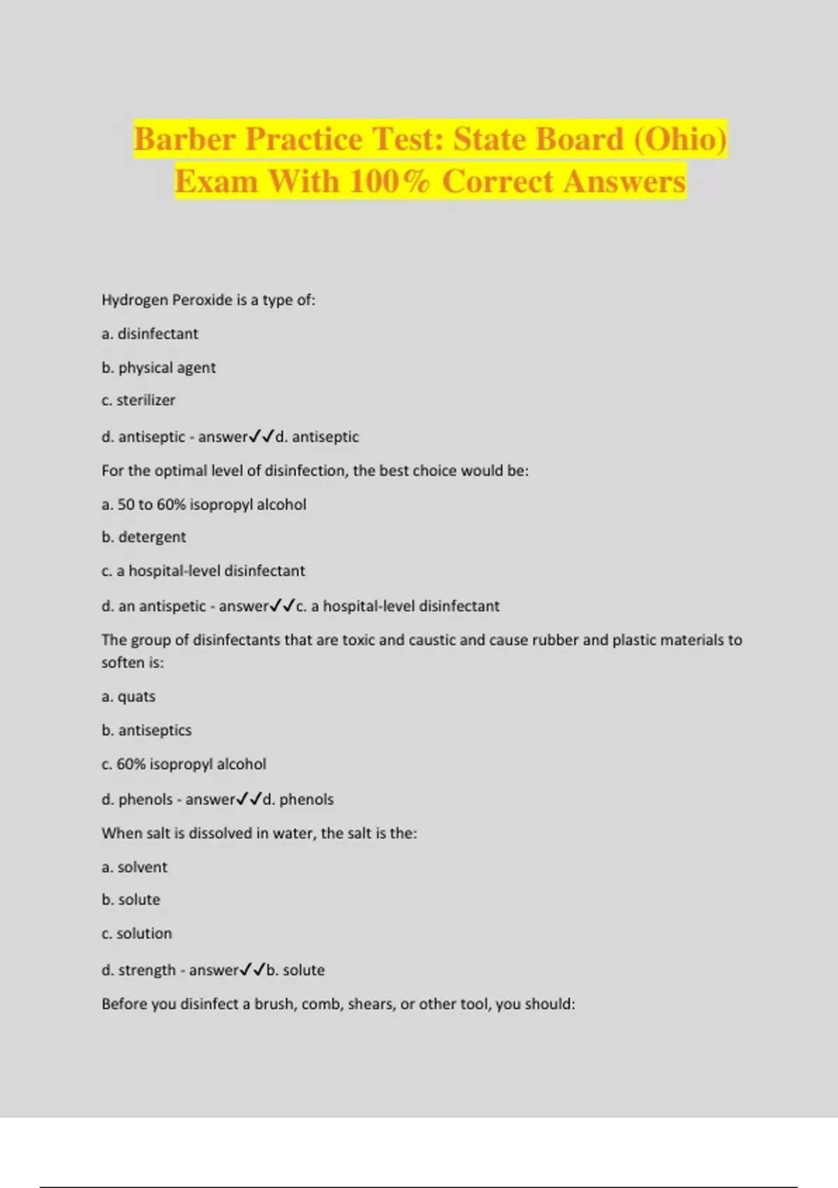 Barber Practice Test: State Board (Ohio) Exam With 100% Correct Answers ...